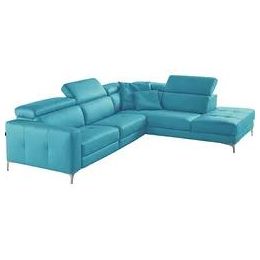 Ecksofa Egoitaliano "Matt, hoher Sitzkomfort und aufwendige Detailverarbeitung, L-Form" Sofas Gr. B/H/T: 285cm x 100cm x 221cm, Leder BULL, Ottomane rechts, blau (türkis) mit Ottomane, inkl. verstellbarer Kopfteile zum Relaxen