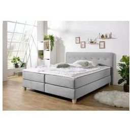 Boxspringbett Home Affaire "Fargo", grau, B:213cm L:207cm, Struktur fein (100% Polyester), Samtstoff (100% Polyester), Komplettbetten, inkl. Topper, in 3 Matratzenarten, in Samt- oder Strukturstoff