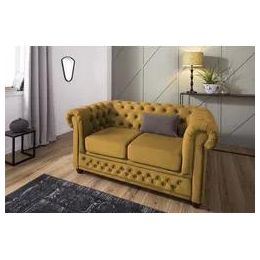 Chesterfield-Sofa Home Affaire "New Castle" Sofas Gr. B/H/T: 148cm x 72cm x 86cm, Samtoptik, gelb (mustard) mit hochwertiger Knopfheftung in Chesterfield-Design, BTH: 1488672