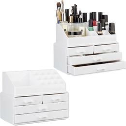 Relaxdays - 2 x Make Up Organizer klein, 2-teilige Schmink Aufbewahrung Acryl, mit Lippenstifthalter und je 4 Schubladen, weiß