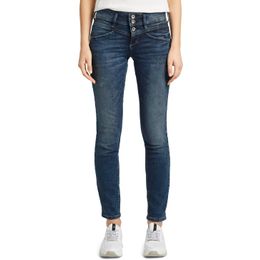 Slim-fit-Jeans Tom Tailor "Alexa Slim" Gr. 26, Länge 32, blau (random bleached) Damen Jeans mit Knopfleiste und dekorativ gesteppter Passe Bestseller