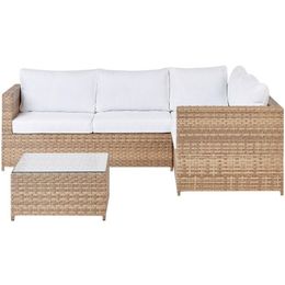 Beliani - Lounge Set Hellbraun Rattan 2-Teilig Modern 4-Sitzer Ecksofa Linksseitig mit Couchtisch Auflagen Cremeweiß Terrasse Outdoor Gartenmöbel