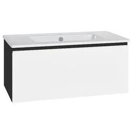 Evenes Waschtischunterschrank + Keramik-Waschtisch ELA, Korpus schwarz seidenmatt, Front weiß seidenmatt, 910 x 420 x 510 mm - 93 144 06