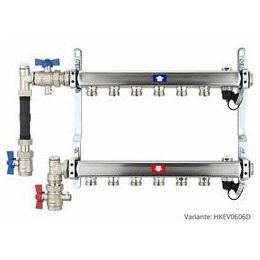 HEIMA-PRESS Heizkörperverteiler aus Edelstahl für 6 Heizkreise - mit WMZ-Anschlussset 110 mm senkrecht