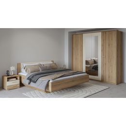 Schlafzimmer-Set Home Affaire "Bitry,Set 4-St(Bett 180 cm, 2xNako, Drehtürenschrank)" Schlafzimmermöbel-Sets Gr. B/H/T: 184 cm x 86 cm x 205 cm, B/H: 180 cm x 200 cm, braun (wildeiche) Komplettschlafzimmer, viel Stauraum, fühlbare Struktur, Holzoptik