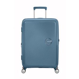 Hartschalen-Trolley American Tourister "SOUNDBOX 67" Gr. B/H/T: 46,5 cm x 67 cm x 29 cm 71,5 l, blau (stone blue) Koffer mittel groß Reisegepäck Volumenerweiterung TSA-Zahlenschloss