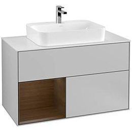 Villeroy & Boch Villeroy und Boch Finion Waschtischunterschrank F361GNGJ 100cm, Abdeckplatte white matt, Regal links Walnut veneer, Light grey matt