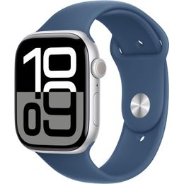 Smartwatch Apple "Watch Series 10 Aluminium" Smartwatches Gr. 46 mm, Cellular, S/M, Sport Band, silberfarben (blau, silber)