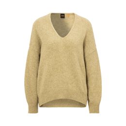 Strickpullover BOSS Orange "C_Fondys" Gr. L, beige (beige, khaki 250) Damen Pullover mit V-Ausschnitt