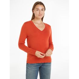 V-Ausschnitt-Pullover Tommy Hilfiger Gr. XS (34), rot (terra red) Damen Pullover mit Logo-Stickerei