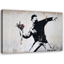 Bild auf Leinwand, Banksy Hooligan wirft einen Blumenstrauß - 100x70