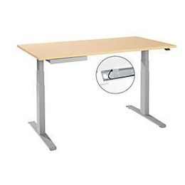 Schreibtisch, elektrisch höhenverstellbar, T-Fuß, B 1600 x T 800 x H 645-1290 mm, Ahorn/weißaluminium + Kabelkanal, Zubehörschublade