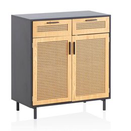 Wohnling Sideboard 80 cm Anrichte Schwarz Kommodenschrank mit Wiener Geflecht