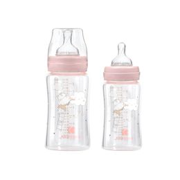 Kikkaboo Baby Glasflasche 240 ml, Weithalsöffnung, Deckel, Silikonsauger Größe M rosa