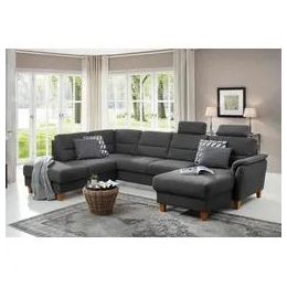 Wohnlandschaft Home Affaire "Palmera U-Form" Sofas Gr. B/H/T: 308 cm x 89 cm x 212 cm, Struktur, Ottomane links, ohne Bettfunktion-ohne Bettkasten, grau Federkern, wahlweise mit Bettfunktion und mitohne Stauraum