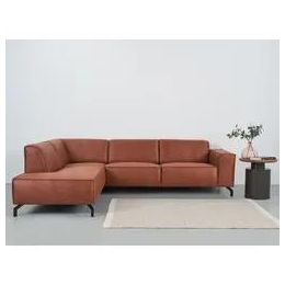 Ecksofa Places of Style "Lorcan, 275 cm, Ottomane" Sofas Gr. B/H/T: 275 cm x 77 cm x 210 cm, Kunstleder, Ottomane links, braun (cognac) mit schwarzen Metallfüßen, Lederoptik und in weichem Strukturstoff