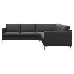 Ecksofa FLEXLUX "Fiore, gleichschenklig, bequem durch hochwertigem Sitzaufbau" Sofas Gr. B/H/T: 249cm x 85cm x 92cm, Echtleder, Schenkel links, schwarz (deep black) schmale Armlehnen, Kaltschaum, Füße Alu+ Eiche