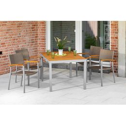 Garten-Essgruppe Merxx "Silano" Sitzmöbel-Sets Gr. B/H/T: 60 cm x 85 cm x 55,5 cm, 5tlg. Set mit AZ-Tisch, grau (grau, beige) 4 stapelbare Gartensessel, Gartentisch