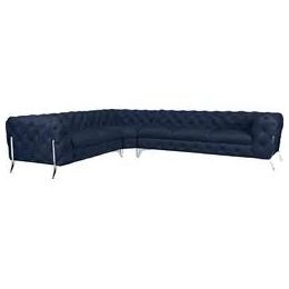 Chesterfield-Sofa LEONIQUE "Amaury L-Form" Sofas Gr. B/H/T: 323cm x 75cm x 264cm, Samtoptik, langer Schenkel rechts, Füße chromfarben, blau großes Ecksofa, Chesterfield-Optik, Breite 323 cm, Fußfarbe wählbar