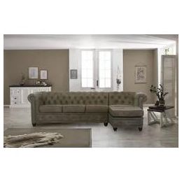 Chesterfield-Sofa Home Affaire "Rysum L-Form" Sofas Gr. B/H/T: 255 cm x 72 cm x 171 cm, Luxus-Microfaser in Lederoptik, Ottomane rechts, grau (stone) Chesterfield-Optik mit Ottomanen-Abschluß