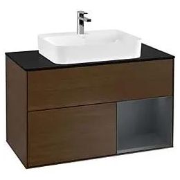 Villeroy & Boch Villeroy und Boch Finion Waschtischunterschrank F372HGGN 100cm, Abdeckplatte black matt, Regal rechts Midnight Blue Matt Lacquer, Walnut veneer