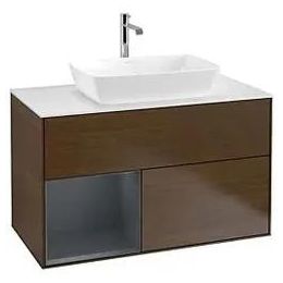 Villeroy & Boch Villeroy und Boch Finion Waschtischunterschrank G771HGGN 100cm, Abdeckplatte white matt, Emotion, Regale Midnight matt lacquer, Walnut veneer