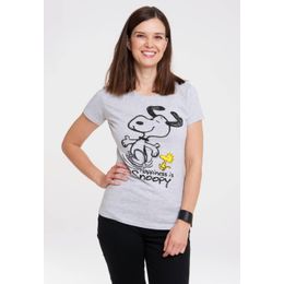 logoshirt Damen T-Shirt "Snoopy & Woodstock Happiness", grau, Gr. M, bedruckt, meliert, 95% Baumwolle, 5% Viskose, Shirts, Print