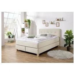 Boxspringbett Home Affaire "Fargo", beige, B:153cm L:207cm, Struktur fein (100% Polyester), Samtstoff (100% Polyester), Komplettbetten, inkl. Topper, in 3 Matratzenarten, in Samt- oder Strukturstoff