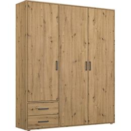 Drehtürenschrank Rauch "Kleiderschrank Schrank Garderobe Wäscheschrank VOYAGER" Schränke Gr. B/H/T: 140 cm x 194 cm x 53 cm, 3 St., braun (eiche artisan) moderne Griffe in Graumetallic mit Außenschubkästen MADE IN GERMANY