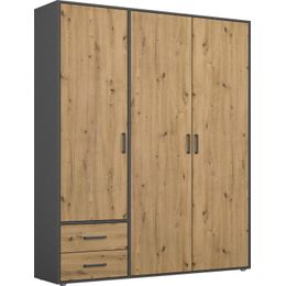 Drehtürenschrank Rauch "Kleiderschrank Schrank Garderobe Wäscheschrank VOYAGER" Schränke Gr. B/H/T: 140 cm x 194 cm x 53 cm, 3 St., grau (graumetallic, eiche artisan) moderne Griffe in Graumetallic mit Außenschubkästen MADE IN GERMANY