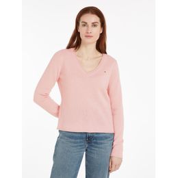 Strickpullover Tommy Hilfiger "SOFT WOOL V-NK SWEATER" Gr. XXXL (46), pink (delicate heather) Damen Pullover mit V-Ausschnitt aus 100% Wolle