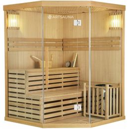 Artsauna Saunakabine Espoo150 Premium mit Harvia Ofen – 3 Personen – Hemlock Holz, Glasfront und led Licht – Inkl. Thermometer & Sanduhr –Komplett Set