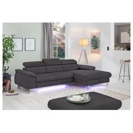 Ecksofa COTTA "Komaris L-Form" Sofas Gr. B/H/T: 244cm x 72cm x 166cm, Feinstruktur, Recamiere rechts, mit Bettfunktion-mit Bettkasten-mit RGB-LED-Beleuchtung, grau mit Kopfteilverstellung, wahlweise Bettfunktion,Stauraum & Beleuchtung