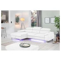 Ecksofa COTTA "Komaris L-Form" Sofas Gr. B/H/T: 244cm x 72cm x 166cm, NaturLEDER, Recamiere links, mit Bettfunktion-mit Bettkasten-mit RGB-LED-Beleuchtung, weiß mit Kopfteilverstellung, wahlweise Bettfunktion,Stauraum & Beleuchtung