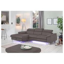 Ecksofa COTTA "Komaris L-Form" Sofas Gr. B/H/T: 244cm x 72cm x 166cm, Kunstleder SOFTLUX, Recamiere links, mit Bettfunktion-mit Bettkasten-mit RGB-LED-Beleuchtung, grau (elefant) mit Kopfteilverstellung, wahlweise Bettfunktion,Stauraum & Beleuchtung