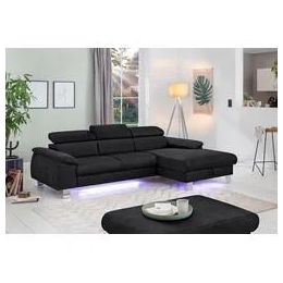 Ecksofa COTTA "Komaris L-Form" Sofas Gr. B/H/T: 244cm x 72cm x 166cm, Feinstruktur, Recamiere rechts, mit Bettfunktion-mit Bettkasten-mit RGB-LED-Beleuchtung, schwarz mit Kopfteilverstellung, wahlweise Bettfunktion,Stauraum & Beleuchtung