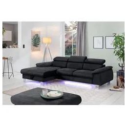 Ecksofa COTTA "Komaris L-Form" Sofas Gr. B/H/T: 244cm x 72cm x 166cm, Microfaser PRIMABELLE, Recamiere links, mit Bettfunktion-mit Bettkasten-mit RGB-LED-Beleuchtung, grau (lava) mit Kopfteilverstellung, wahlweise Bettfunktion,Stauraum & Beleuchtung