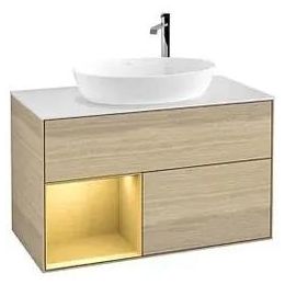 Villeroy & Boch Villeroy und Boch Finion Waschtischunterschrank G891HFPC 100cm, Abdeckplatte white matt, Emotion, Regale Gold matt lacquer, Oak Veneer