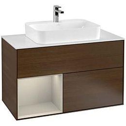 Villeroy & Boch Villeroy und Boch Finion Waschtischunterschrank G361HHGN 100cm, Abdeckplatte white matt, Emotion, Regal links Sand Matt Lacquer, Walnut veneer