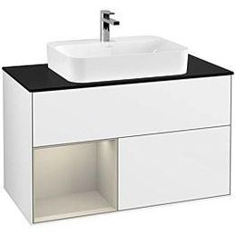 Villeroy & Boch Villeroy und Boch Finion Waschtischunterschrank G362HHGF 100cm, Abdeckplatte black matt, Emotion, Regal links Sand Matt Lacquer, Glossy white lacquer