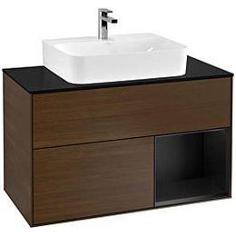 Villeroy & Boch Villeroy und Boch Finion Waschtischunterschrank F122PDGN 100cm, Abdeckplatte black matt, Regal rechts Black matt lacquer, Walnut veneer