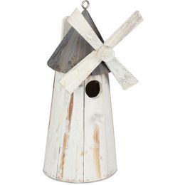 Deko Vogelhaus, Holz, Dekohäuschen Windmühle, Garten, Balkon, Vogelhäuschen, hbt: 32x13,5x13,5 cm, weiß/grau - Relaxdays