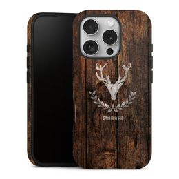 DeinDesign iPhone 16 Pro Handy Panzer Handyh&uuml;lle robuste Outdoor H&uuml;lle Schutzh&uuml;lle gl&auml;nzend Wooden Look Deer Wood Tough Case