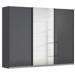 Schwebetürenschrank Rauch "Kleiderschrank Kleiderschränke Schrank Garderobe AGORDO mit Glasfront" Schränke Gr. B/H/T: 271 cm x 210 cm x 62 cm, 3 St., grau (graumetallic, glas basalt) durchdachte Innenausstattung, in 4 Breiten und 2 Höhen MADE IN GERMANY