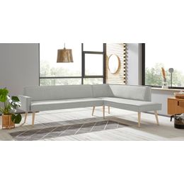 Eckbank exxpo - SOFA FASHION "Lungo, moderne Kedernaht, bequem und elegant, hoher Holzfuß" Sitzbänke Gr. B/H/T: 198 cm x 84 cm x 260 cm, Veloursstoff, langer Schenkel links, beige (beige melange) hochwertige Detailverarbeitung, frei im Raum stellbar