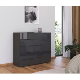 Kommode Rauch "Flipp" Sideboards Gr. B/H/T: 120 cm x 100 cm x 42 cm, 5 St., grau (graphit, glas basalt) 1-türig mit 5 Schubladen und Soft-Close-Funktion sowie Glasfront