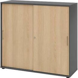 Schiebetürschrank Breno, abschließbar, Spanplatte, melaminharzbeschichtet, B 1200 x T 400 x H 1100 mm, 3 Ordnerhöhen, graphit/Eiche