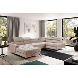 Fun Moebel - Wohnlandschaft Schlafsofa agnesa Stoff Salvador Hellbeige Ottomane Links