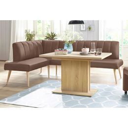 Eckbank exxpo - SOFA FASHION "Costa, moderne Rückensteppung, bequem und elegant, hoher Holzfuß" Sitzbänke Gr. B/H/T: 157cm x 92cm x 245cm, Kunstleder, Ottomane links, langer Schenkel rechts, braun (schlamm) hochwertig verarbeitet, Frei im Raum stellbar