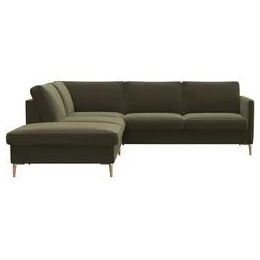 Ecksofa FLEXLUX "Fiore, L-Form, super bequem durch Kaltschaum im Sitz" Sofas Gr. B/H/T: 234cm x 85cm x 225cm, Velvet, Ottomane links, grün (moss green) schmale Armlehnen, Füße AluEiche, BT 234225 cm